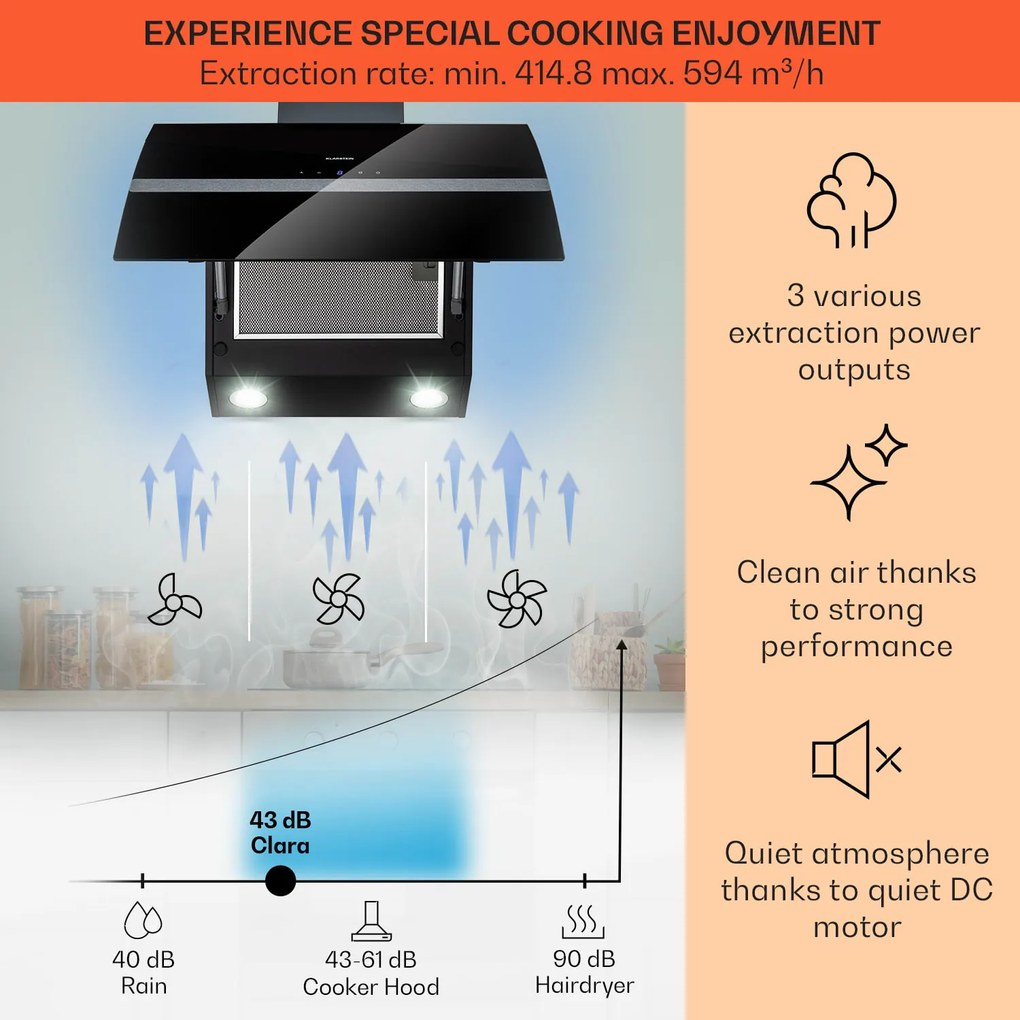 Klarstein Clara 60, digestoř, 60 cm, nástěnná, 509 m³/h, dotykový displej, LED podsvícení, bílá