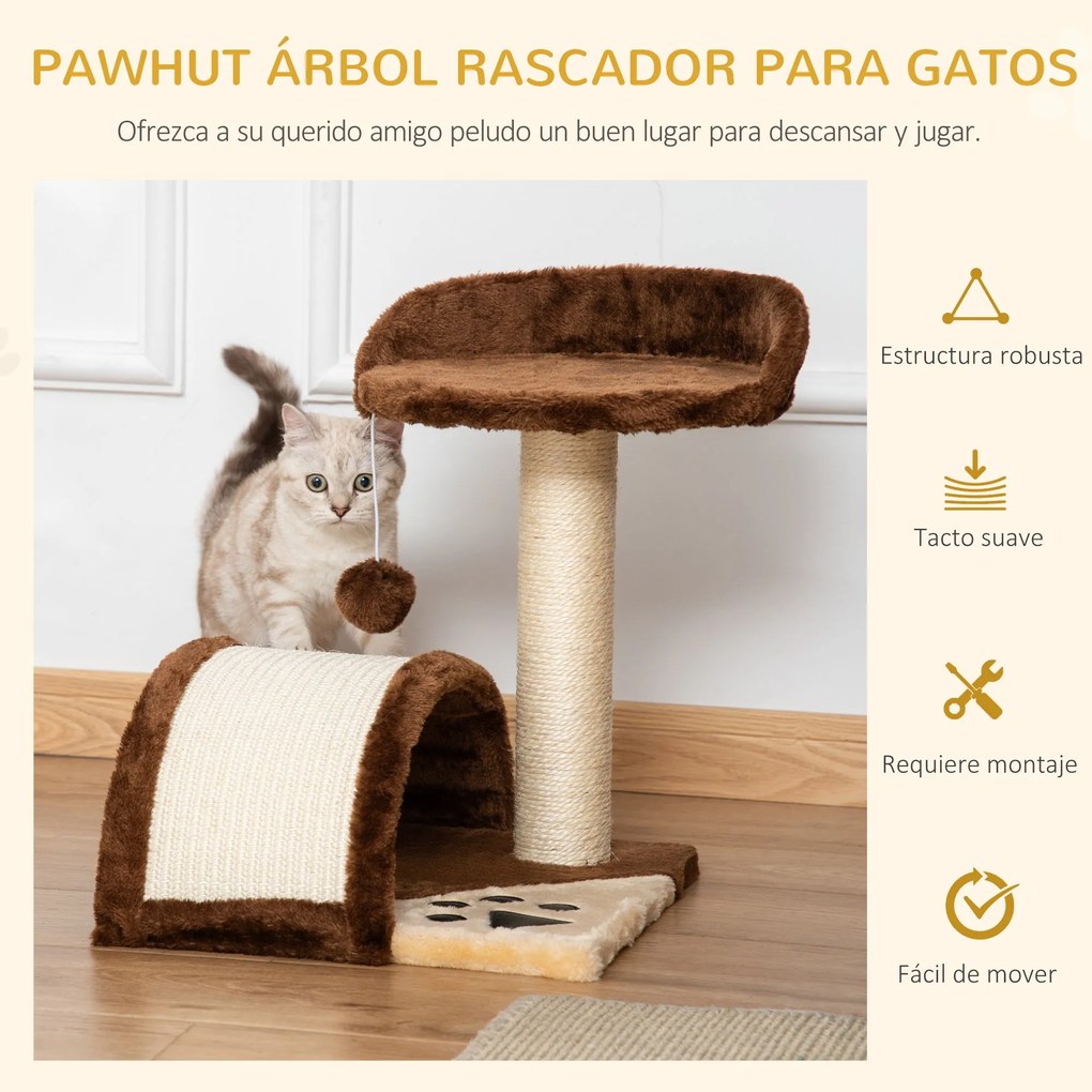 PawHut Malý Kočičí Škrabací Strom 46 cm Výška 2 Úrovně s Škrabacím Sloupkem, Škrabacím Plošinou a Hracím Míčkem 35.5x37x46 cm Hnědý