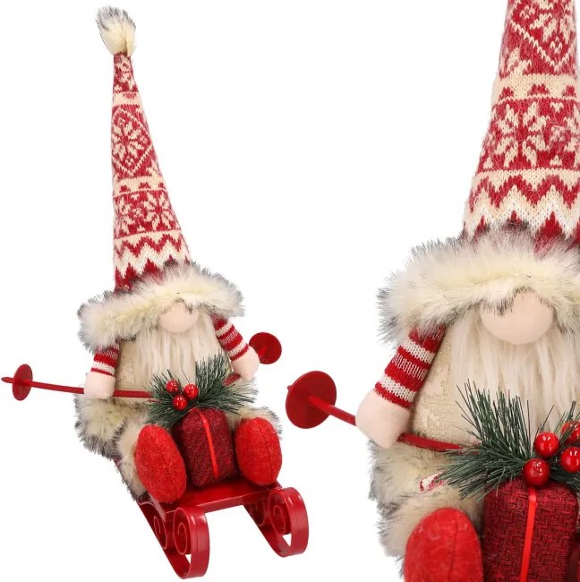 Vánoční dekorace skřítek na lyžích bílá / červená 41 cm