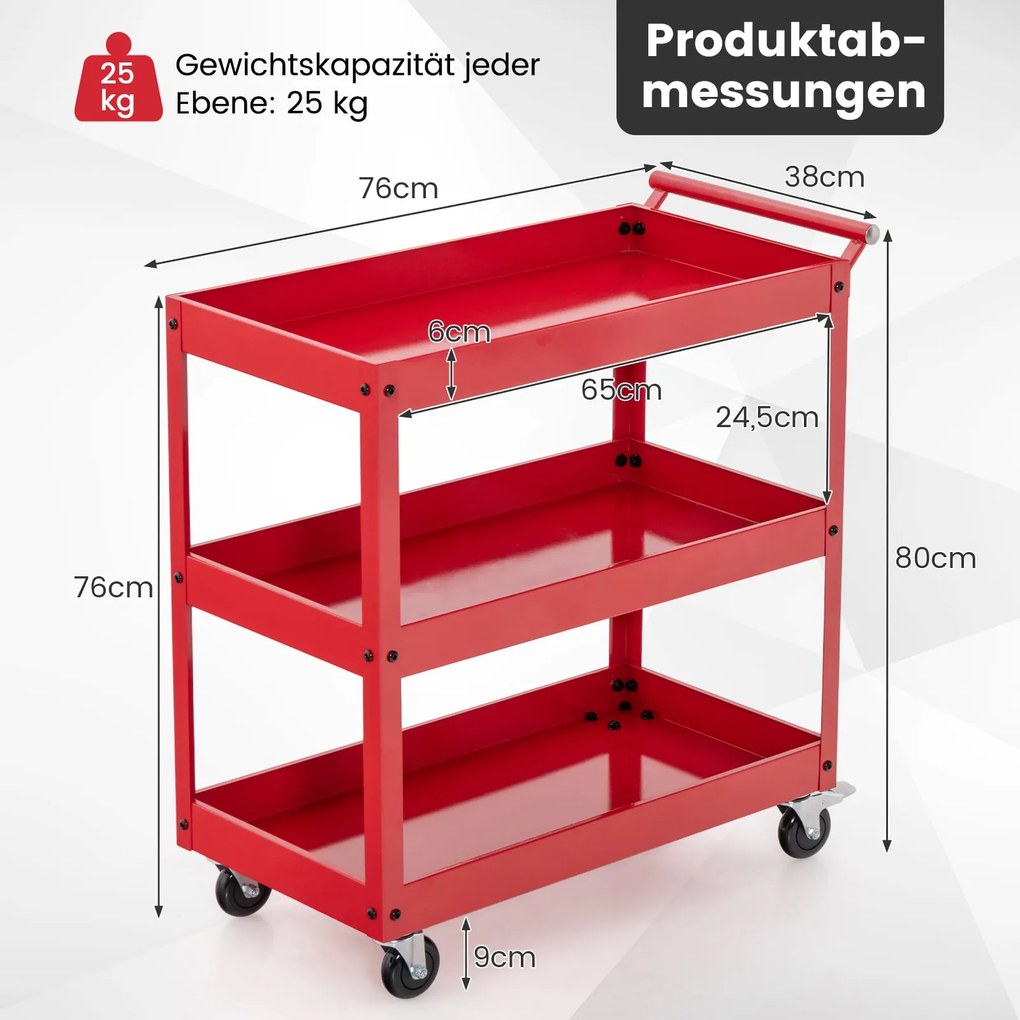 Costway Kovový vozík s 3 úrovněmi úložného prostoru a madlem