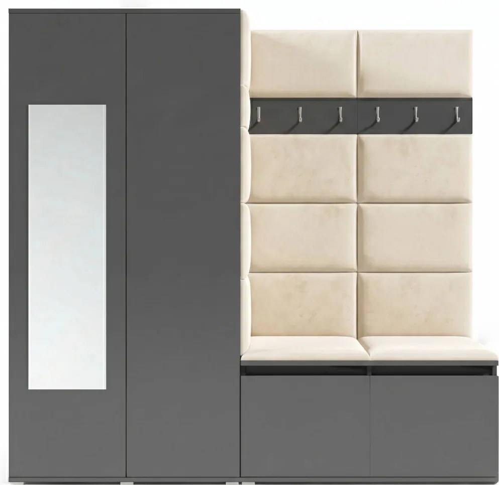 Předsíňová stěna Trinity 8 s čalouněnými panely, 190 cm, grafit/ krémová