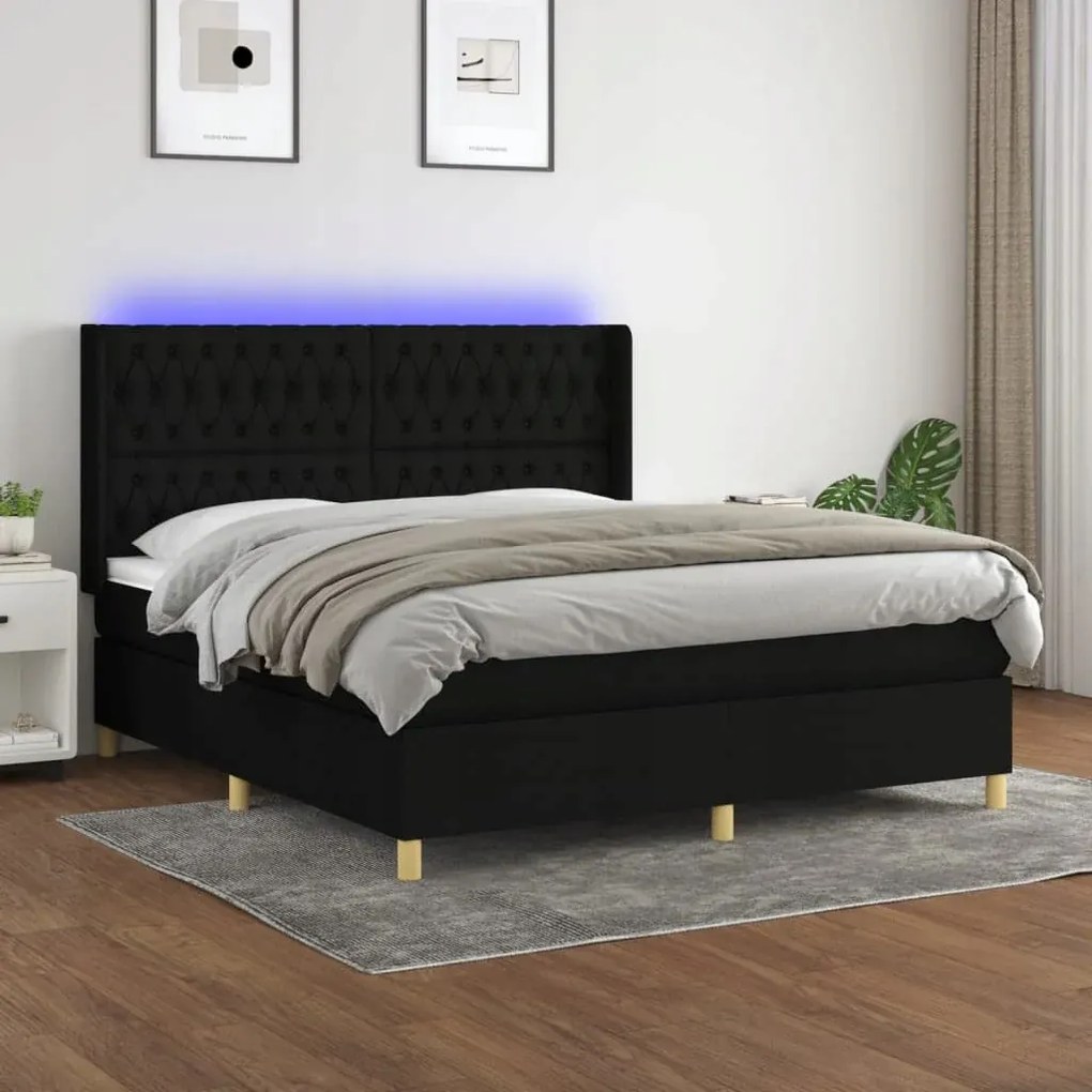 Box Spring Postel S Matrací A Led Černá Textil Černá Prošívaný design 160
