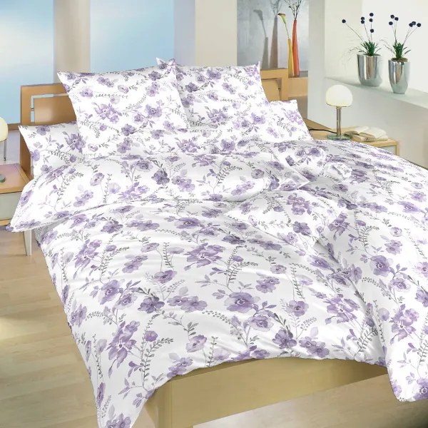 Dadka Povlečení krep Kvítí fialové na bílém  140x200, 70x90 cm