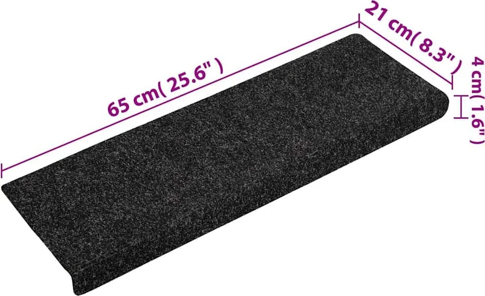 Schodové rohože samolepicí 15 ks 65 x 21 x 4 cm černé s obdélníkovým okrajem 134563