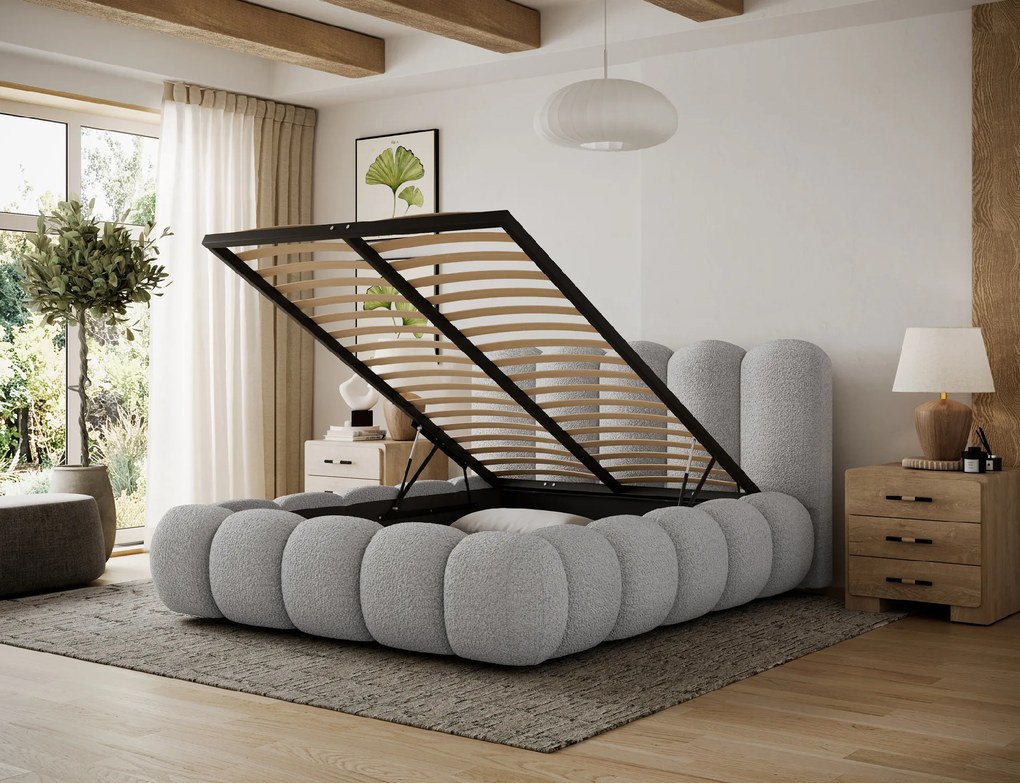 Postel Oloroso 180x200 s kovovým roštem a úložným prostorem, šedé bouclé