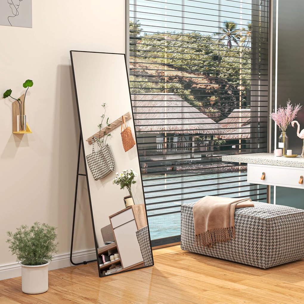 HOMCOM Velké obdélníkové zrcadlo, 50 x 160 cm - volně stojící, ke zdi nebo opřené - pro ložnici, obývací pokoj a šatnu, černé