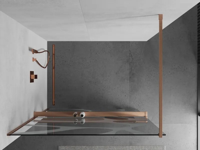 Mexen Kioto+, sprchová zástěna Walk-In s poličkou a věšákem 110 x 200 cm, 8mm čiré sklo bílý vzor, ​​měděný matný profil, 800-110-121-65-97