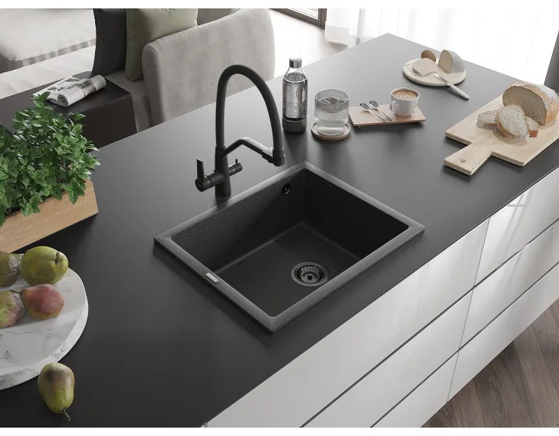 Mexen Pedro, granitový dřez 560x460x200 mm, 1-komorový, černá skvrnitá s černým sifonem, 6508561000-76-B