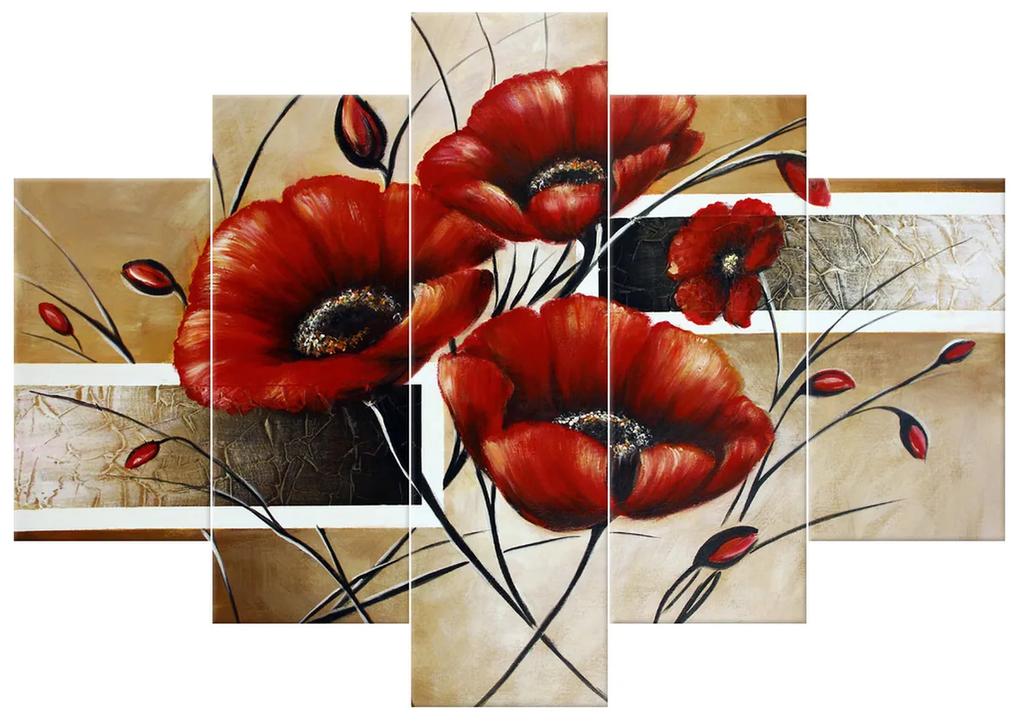 Gario Ručně malovaný obraz Polní mák - 5 dílný Rozměry: 150 x 70 cm
