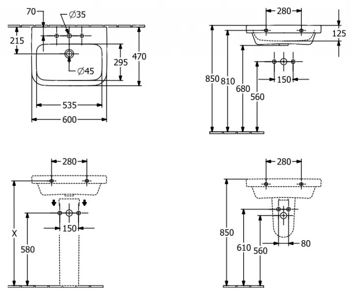 Villeroy & Boch ARCHITECTURA - Umyvadlo, 600x470x180 mm, bez přepadu, bílá alpin 41886101