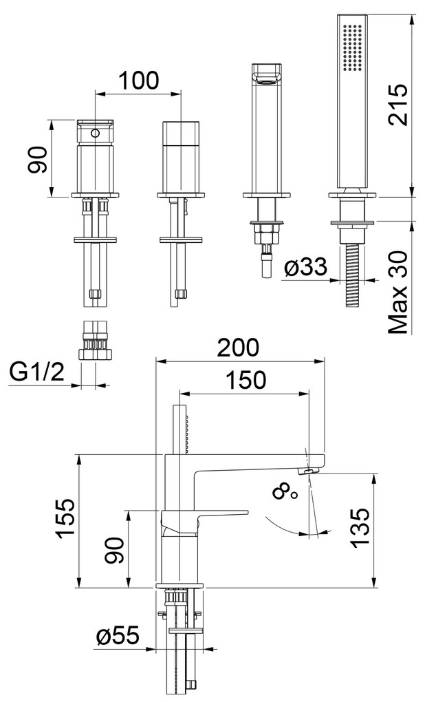 Sapho Sapho, TURSI čtyřprvková baterie na okraj vany, chromová, TI052