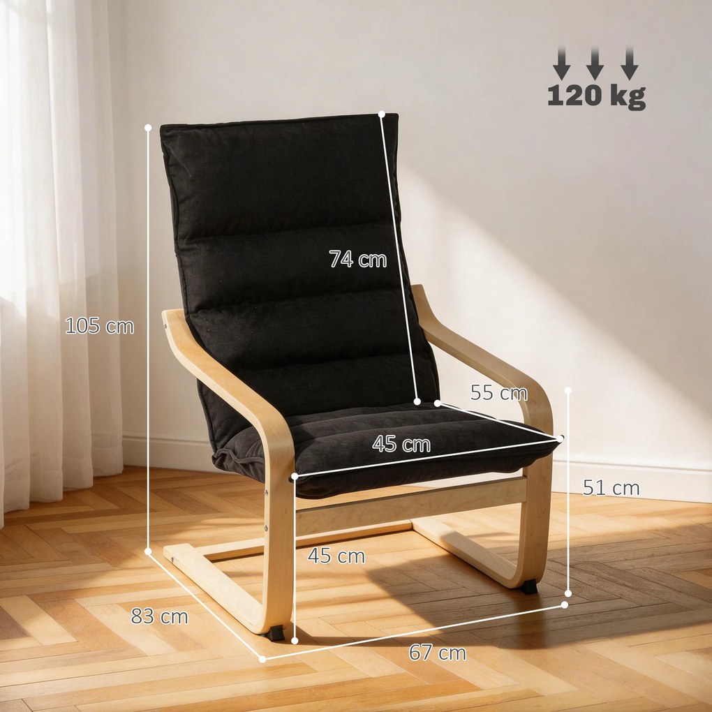 HOMCOM moderní křeslo do obývacího pokoje s vysokým polstrovaným opěradlem, dřevěnými nohami a sametovým potahem 67x83x105 cm, černá