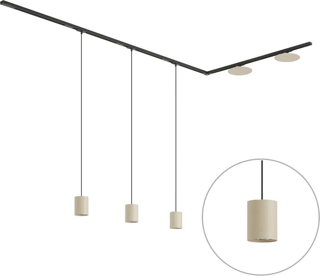 Moderní kolejnicový systém černý se 3 závěsnými svítidly a 2 béžovými stropními svítidly 1-fázový - Iconic Holt Pulley