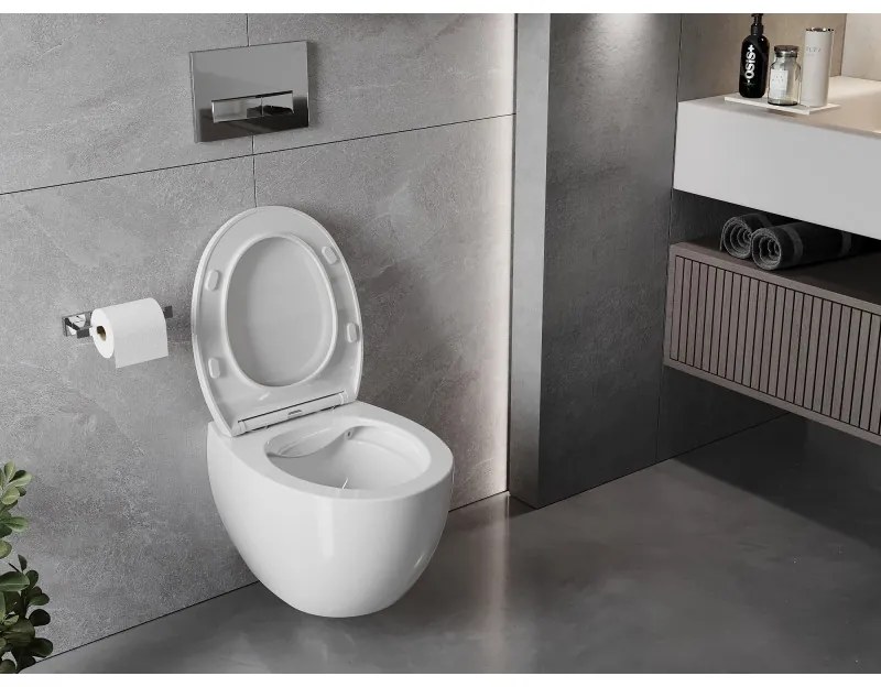 Mexen Egg, závěsná WC mísa Rimless s duroplastovým sedátkem s pomalým zavíráním, bílá lesklá, 30245000