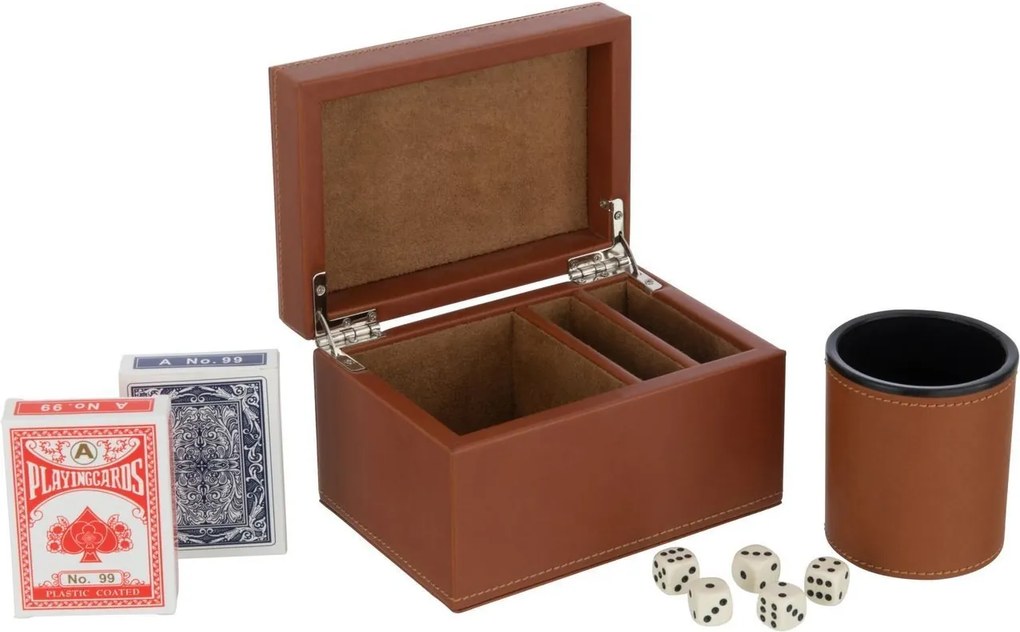 Hnědý box z umělé kůže s kartami a kostkami Cognacco - 17*12*10 cm