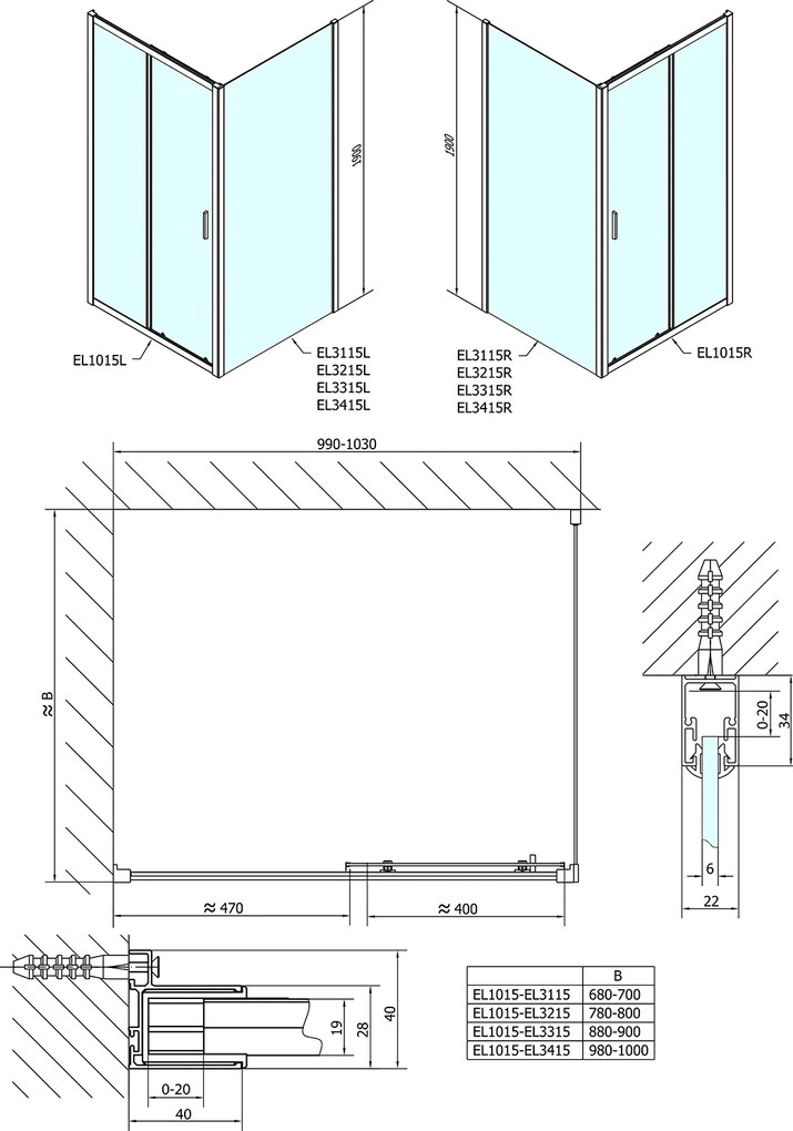 Polysan Polysan, Easy Line čtvercová sprchová zástěna 1000x1000mm L/P varianta, EL1015EL3415