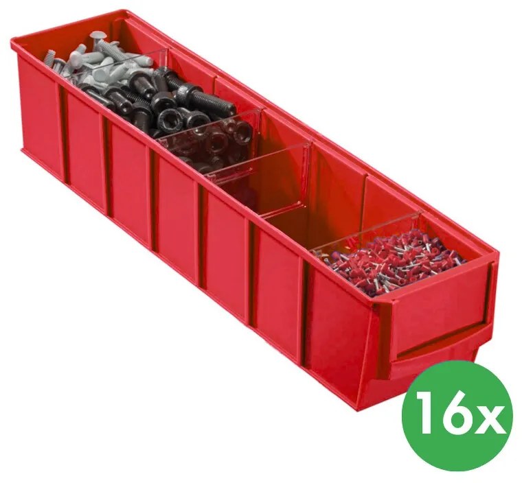 Plastový regálový box ShelfBox typ B - 91 x 400 x 81 mm, 16 ks, červený