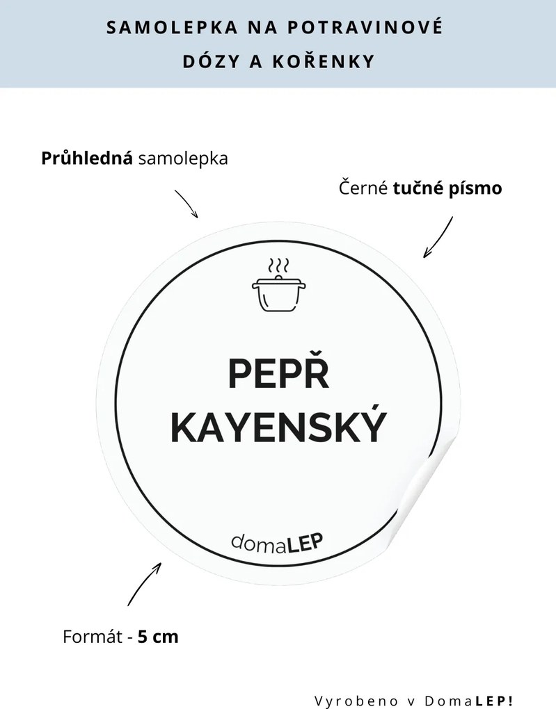 Samolepka na kořenky PEPŘ KAYENSKÝ průhledná 5 cm tučné písmo