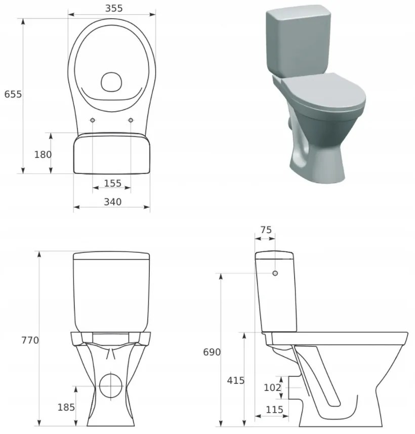 Cersanit Cersania SimpleOn 010 - WC kombi 3/6l + sedátko s pomalým zavíráním z duroplastu, horizontální odpad, bílá, K11-2339