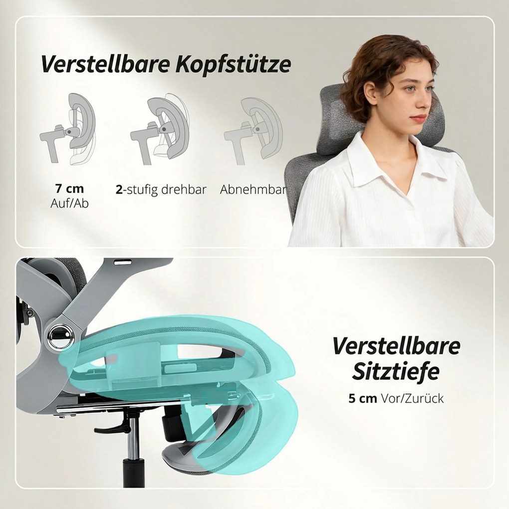 HOMCOM ergonomická síťovaná kancelářská židle — 4D područky, nastavitelná opěrka hlavy a hloubka sedáku, bederní opora, sklápění 135° s opěrkou nohou…