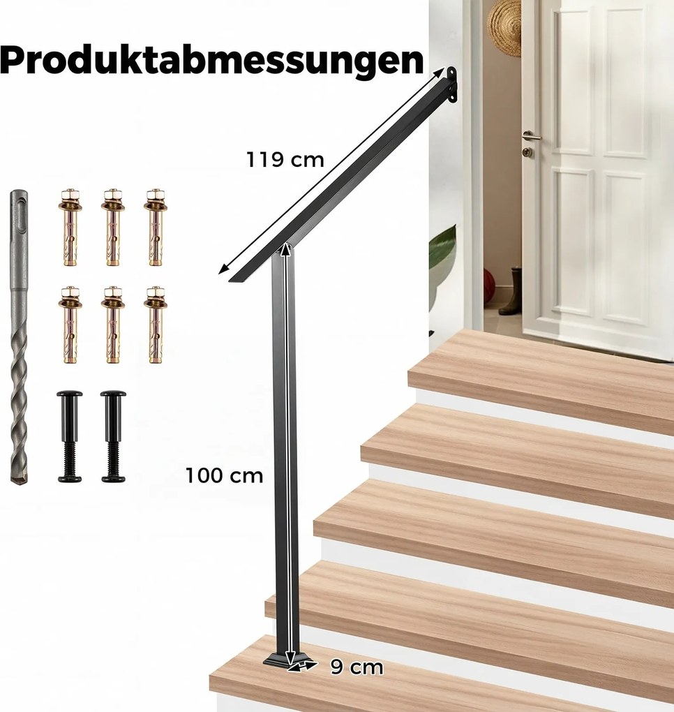 Costway Kovové zábradlí na schodiště Úhlově nastavitelné zábradlí pro 4 schody
