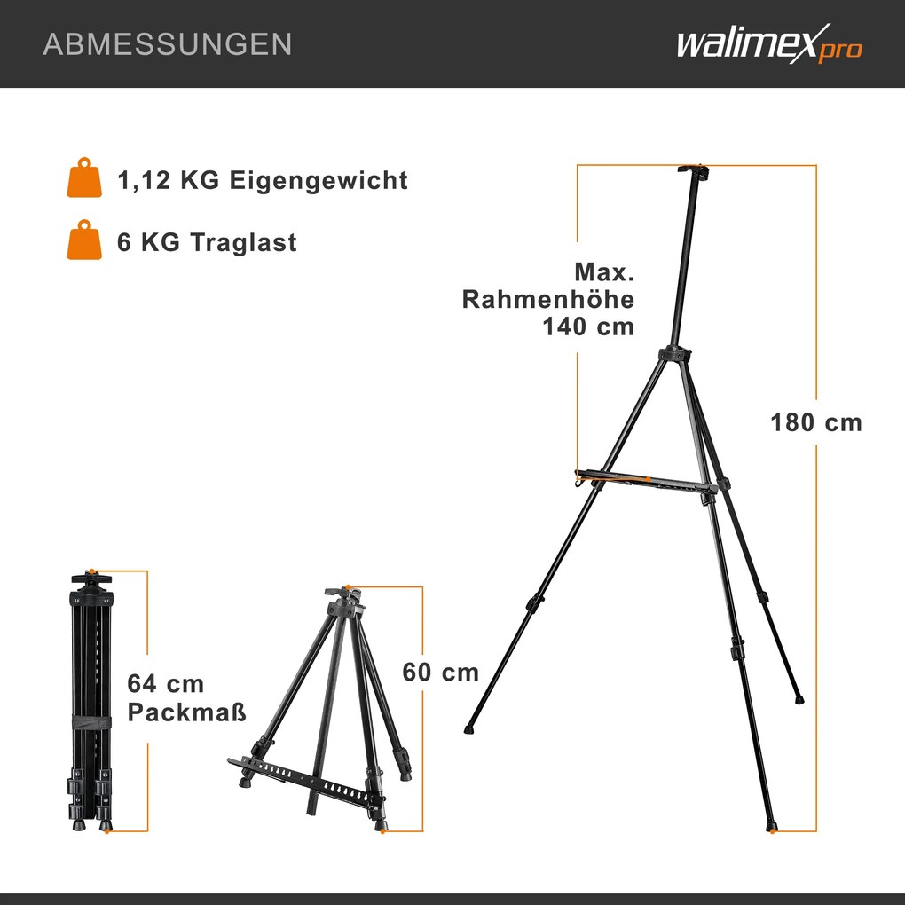 Malířský stojan Walimex pro – 60-180 cm, 140 cm, černá (1021453)