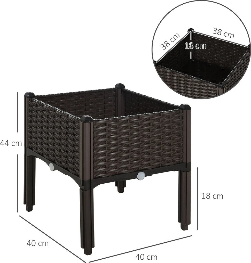 Vyvýšený záhon Outsunny, květináč s drenážními otvory, květinová box v ratanovém vzhledu, plast, hnědá, 40 x 44 cm
