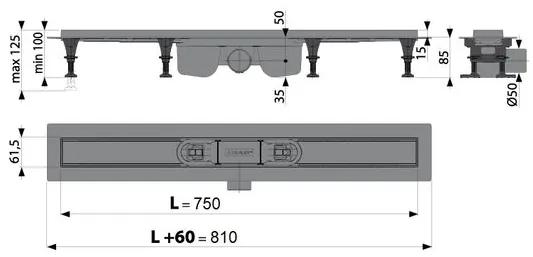 Alcadrain Optimal Podlahový žlab 75 cm s okrajem pro perforovaný rošt nebo vložení dlažby APZ12-750