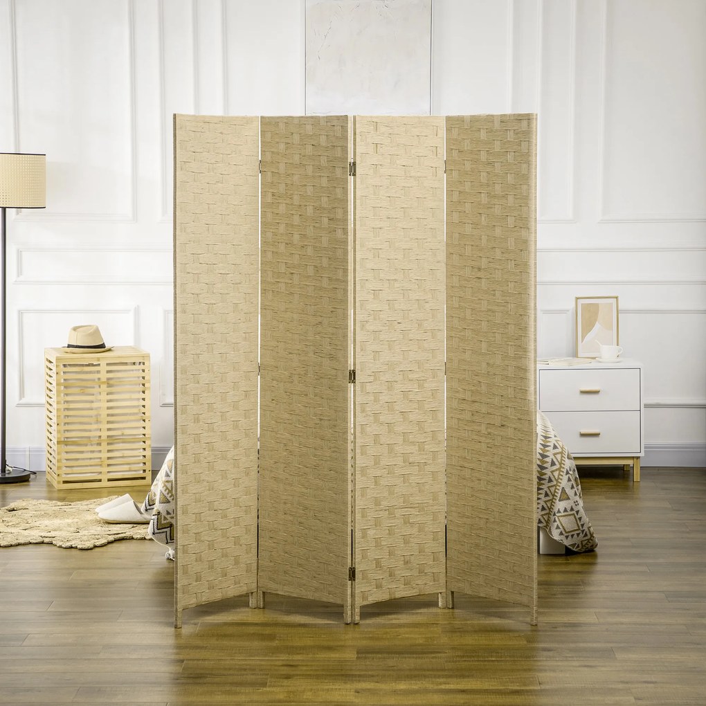HOMCOM Dělicí stěna 4 panely 159,5x169,5 cm Skládací separator s dekorem z papírového provazu pro ložnici a obývací pokoj Hnědá
