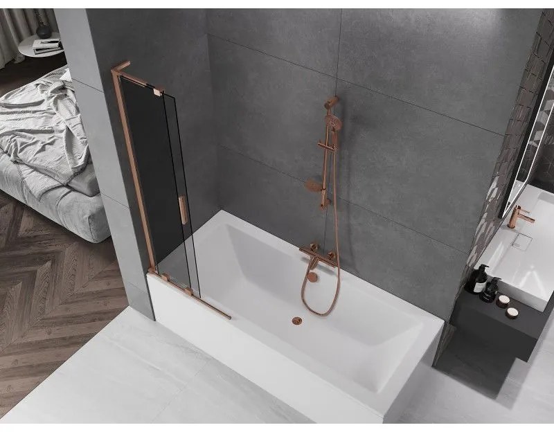 Mexen Velar L, 2-křídlová posuvná vanová zástěna 70 x 150 cm, 8mm šedé sklo, měděná matná, 896-070-003-41-65