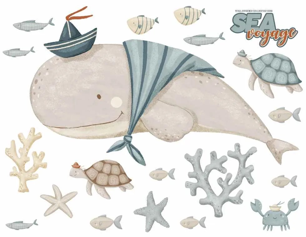 Gario Dětská nálepka na zeď Sea voyage - velryba, korály, želvy a ryby