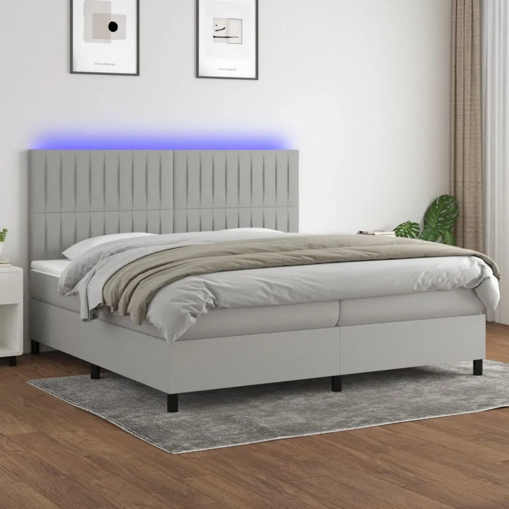 Box spring postel s matrací a LED světle šedá 200x200 cm textil