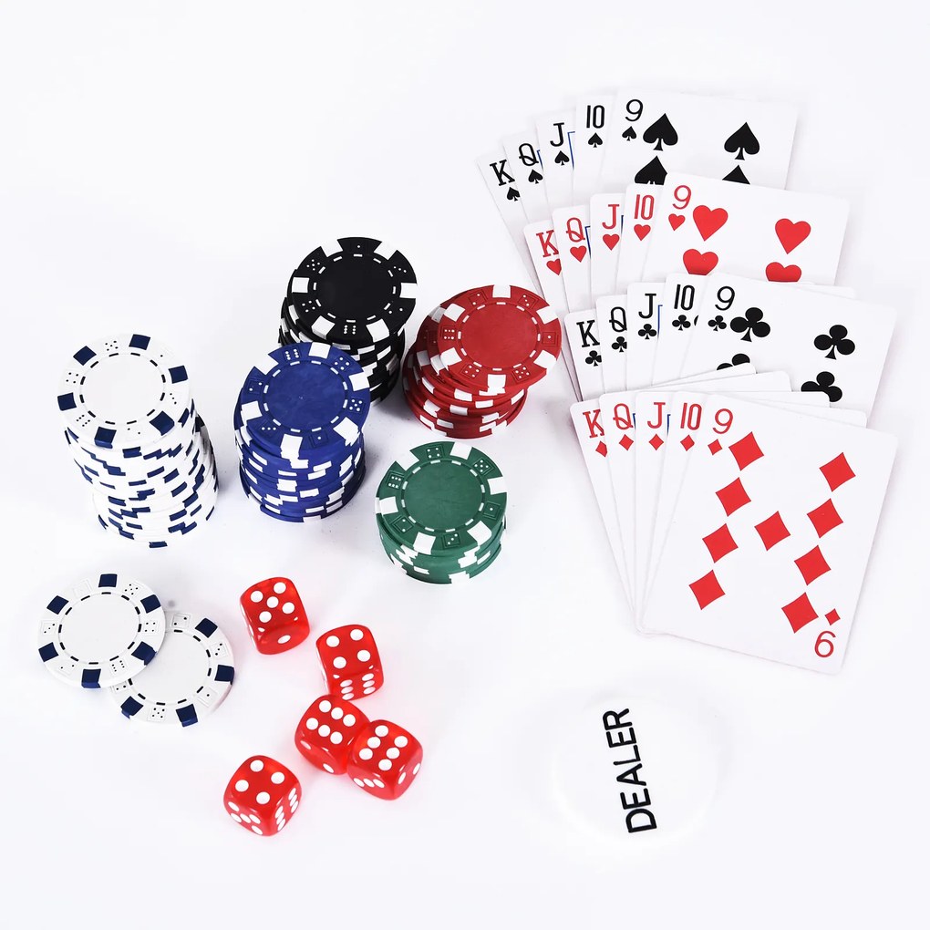 Sada pokerových kufříků HOMCOM s 300 žetony, 2 balíčky karet a 5 kostkami v hliníkovém kufříku, ideální pro kasinové večery, 38x20,5x6,5cm