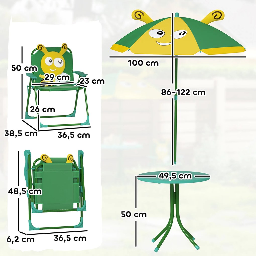 AIYAPLAY Sada zahradního nábytku pro děti, židle, stůl, slunečník, včelí design, zelená+žlutá