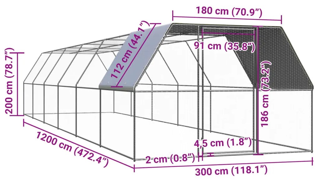 vidaXL Marketos Venkovní klec pro kuřata 3 x 12 x 2 m pozinkovaná ocel