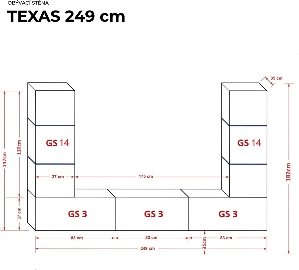 Ral Obývací stěna TEXAS 2, 249 cm - Černý lesk