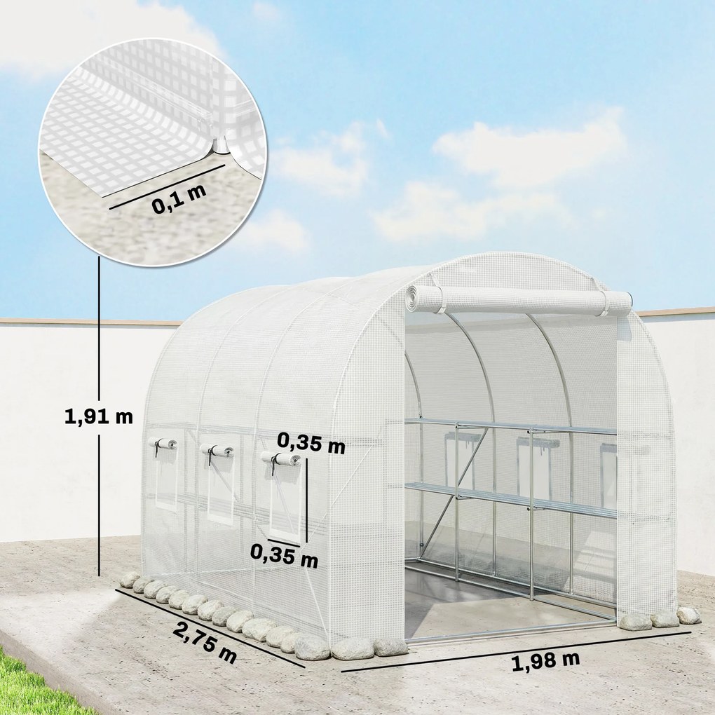 Skleník o rozměrech cca 2,7 x 2 x 2 m Fóliový skleník s policemi Rolovací dveře na zip 6 oken se síťovinou Nosné tyče