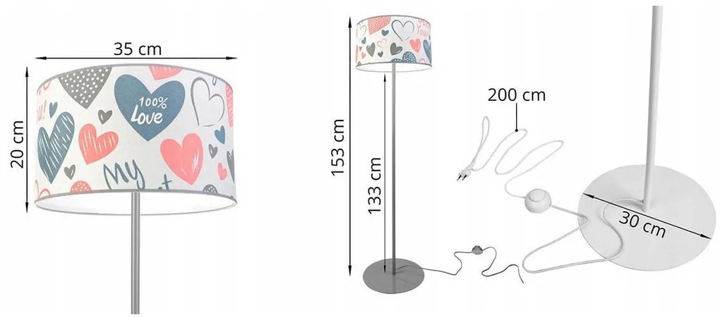 Dětská stojací lampa Heart, 1x bílé textilní stínítko se vzorem, (výběr ze 2 barev konstrukce), o, p