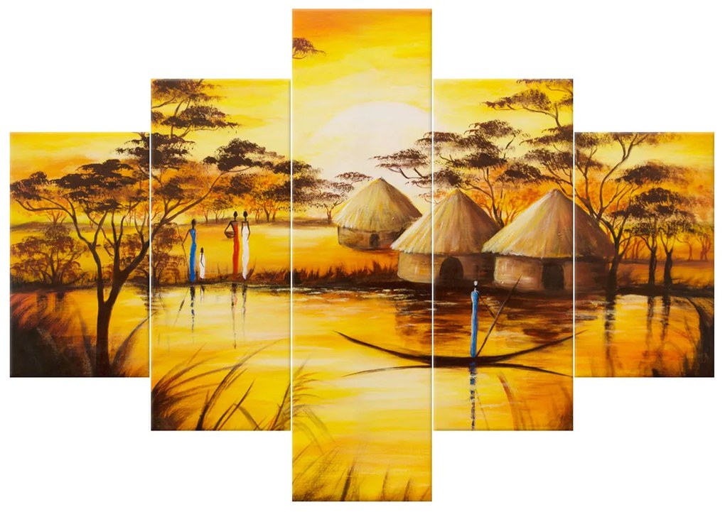 Gario Ručně malovaný obraz Africká vesnice - 5 dílný Rozměry: 100 x 70 cm