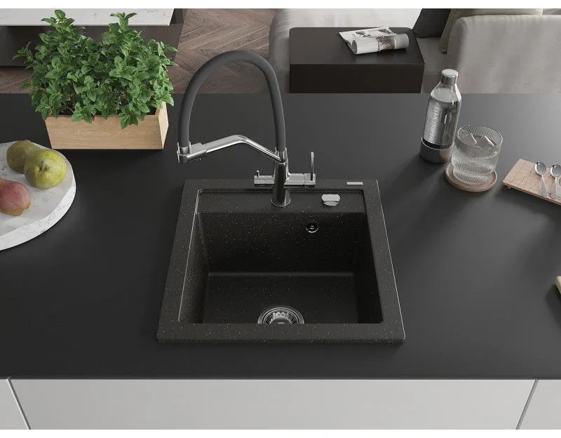 Mexen Vito, 1-komorový granitový dřez 520x490x210 mm, dřezová baterie Duo, černá-zlatá metalíza, 6503-75-671701-07