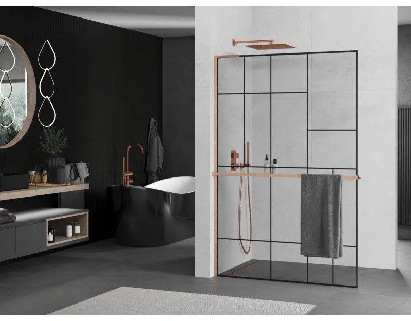 Mexen Kioto+ L, sprchová zástěna Walk-In s poličkou a věšákem 70 x 200 cm, 8mm čiré sklo černý vzor, ​​měděný matný profil, 800-070-123-65-78