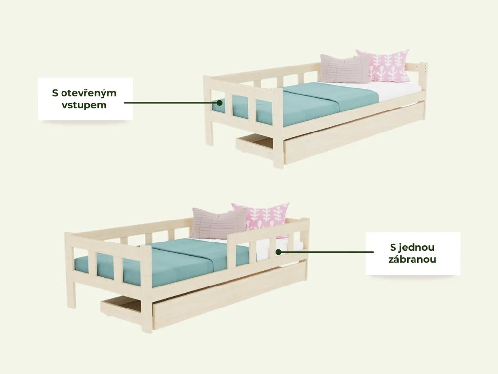 Benlemi Dřevěná jednolůžková postel FENCE 4v1 se zábranou a úložným šuplíkem Zvolte barvu: Béžová, Zvolte rozměr: 80x200 cm, Zvolte zábranu: S otevřeným vstupem
