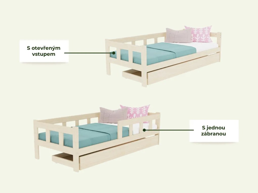 Benlemi Dřevěná jednolůžková postel FENCE 4v1 se zábranou a úložným šuplíkem Zvolte barvu: Béžová, Zvolte rozměr: 90x190 cm, Zvolte zábranu: S jednou zábranou