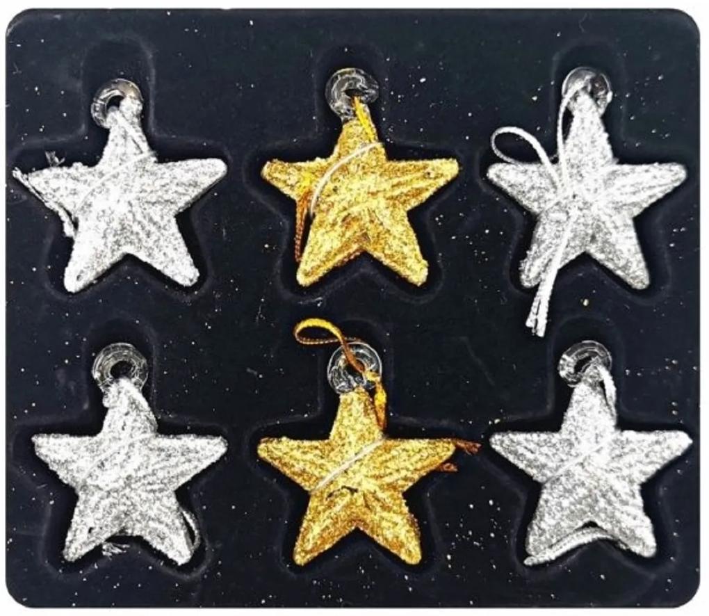 Skleněné vánoční ozdoby s třpytkami na stromecěk - hvězdy, 6ks