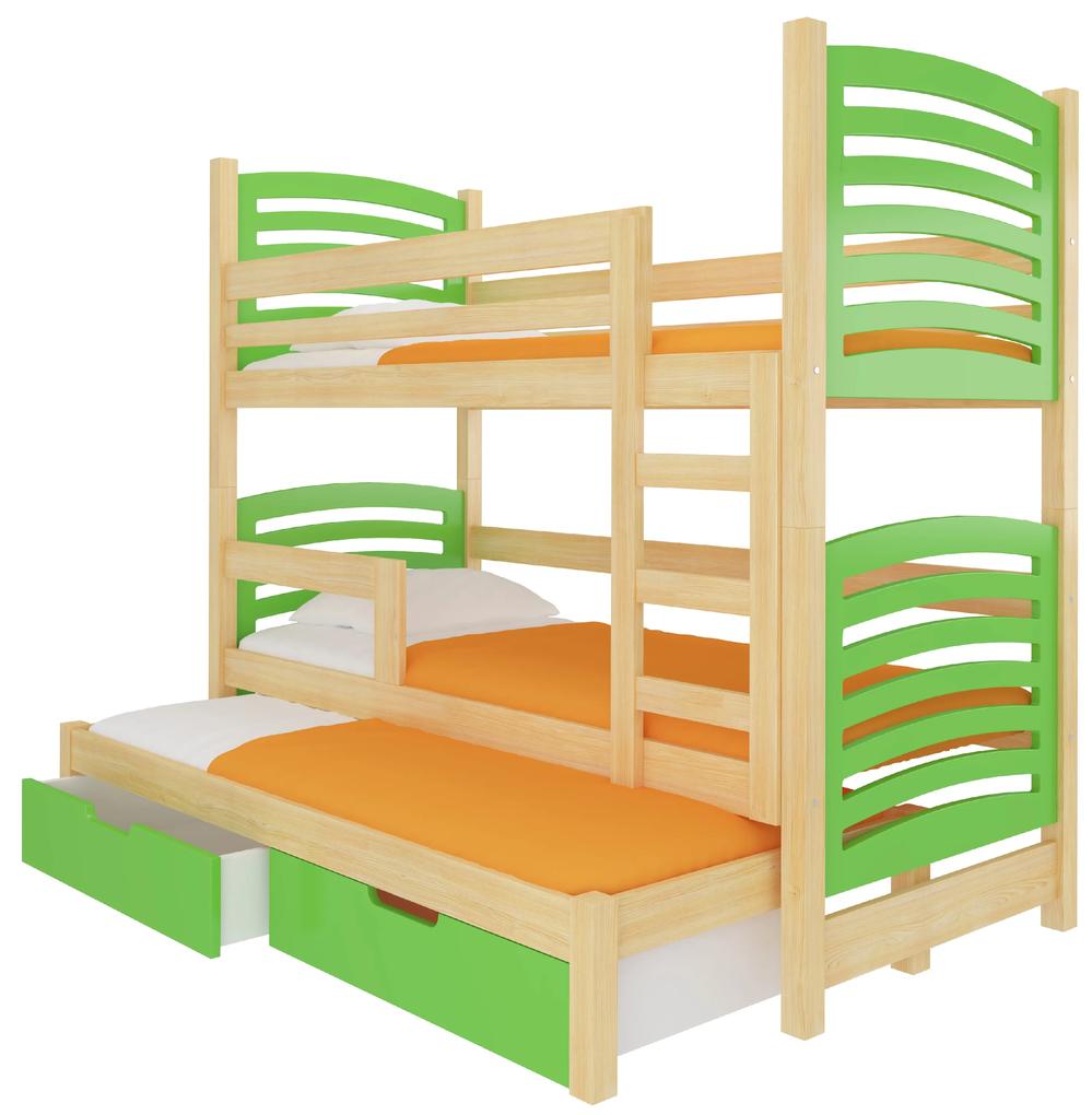 Patrová postel pro tři osoby s matracemi SORIA Hlavní barva: Bílá, Další barva: Zelená