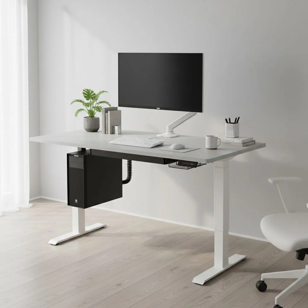 Výškově nastavitelný stůl OfficeTech D, 140 x 80 cm, bílá podnož, světle šedá