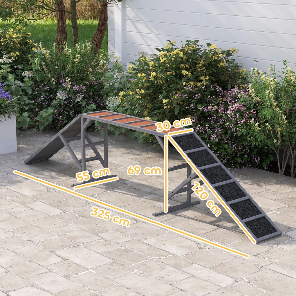 PawHut Agility lávka pro psy s bezpečnostní tyčí protiskluzový povrch odolný proti povětrnostním vlivům agility vybavení do 40 kg 335x55x60 cm šedá