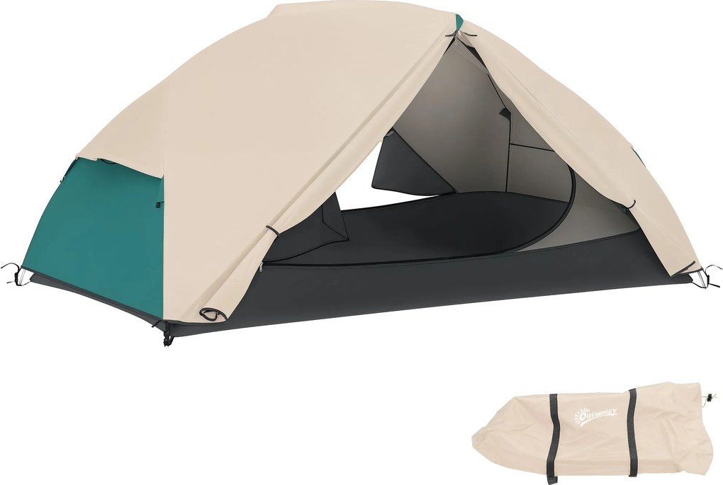 Outsunny stan pro 2 osoby s 2 přístřešky, voděodolný kopulový stan se 2 dveřmi, 2 síťovými okny, vnitřními kapsami a taškou na přenášení, 280x225x110