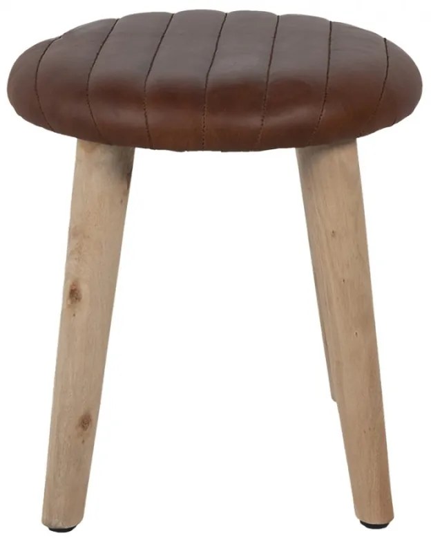 Hnědá kulatá kožená stolička s dřevěnými nohami Jan-maarten – 36x36x40 cm
