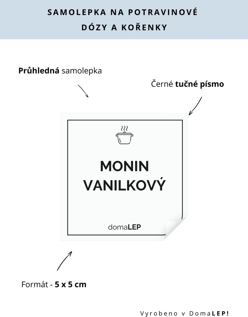 Samolepka na láhev MONIN VANILKOVÝ 5 x 5 cm – průhledná vinylová, voděodolná, omyvatelná samolepka na dózy, tučné písmo